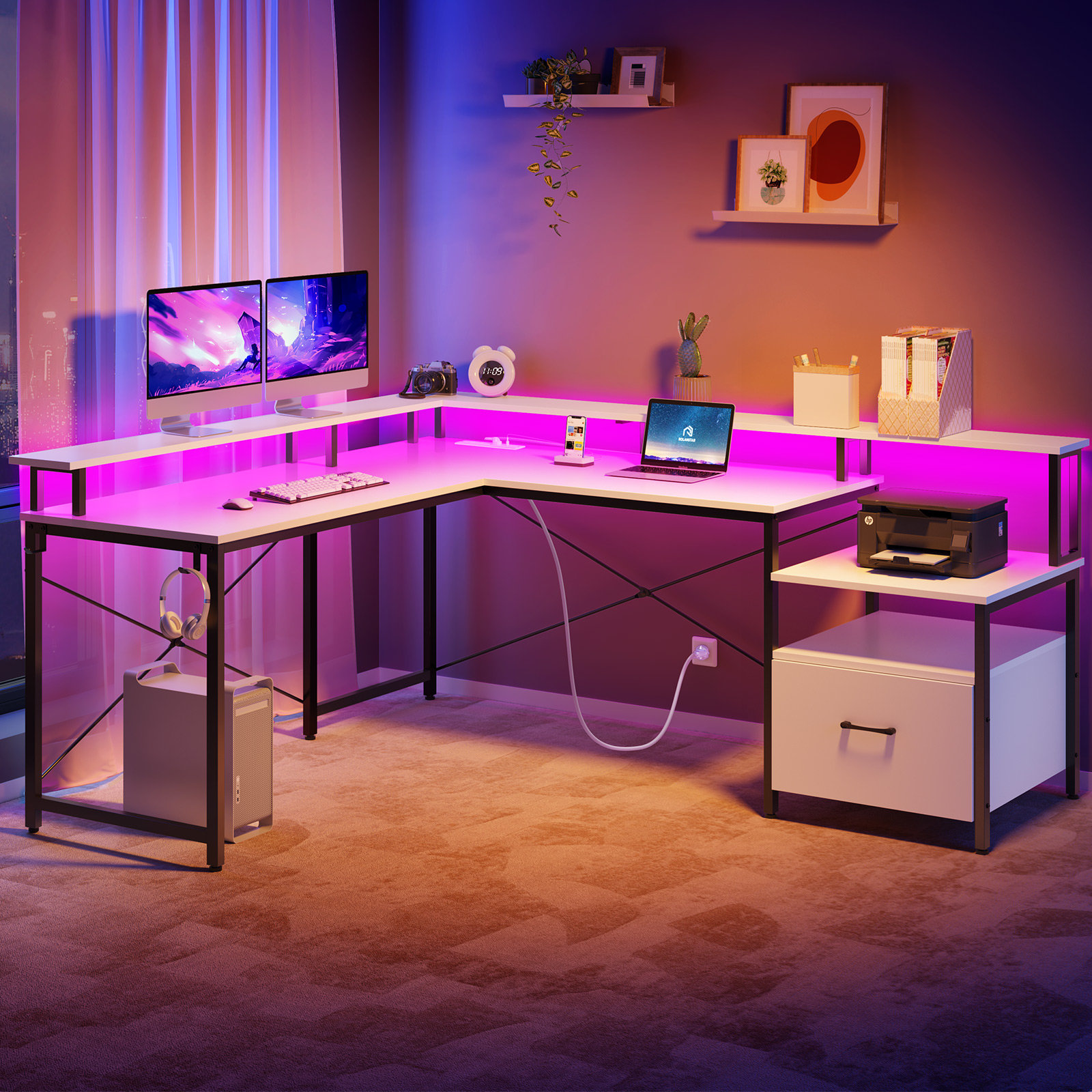 Inbox Zero Kurtiss 68" L Shaped Computer Desk with File Drawer with Power Outlet & LED Strip ...